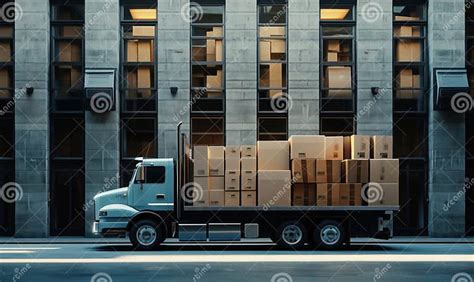 Delivery Truck Loaded With Boxes Parked In Urban Setting Modern Architecture Evening Light