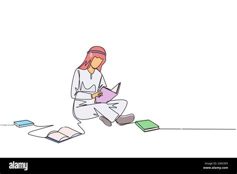 Single Continuous Line Drawing Arabian Man Sitting Relax In Library