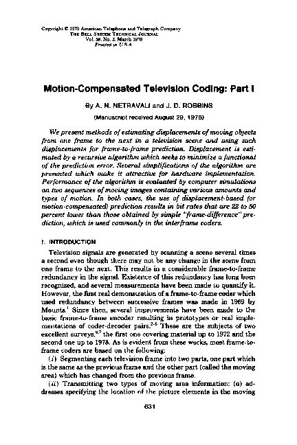 Pdf Motion Compensated Television Coding Part I A N
