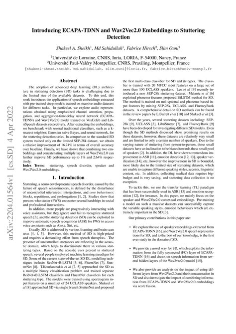Introducing Ecapa Tdnn And Wav2vec2 0 Embeddings To Stuttering Detection Deepai