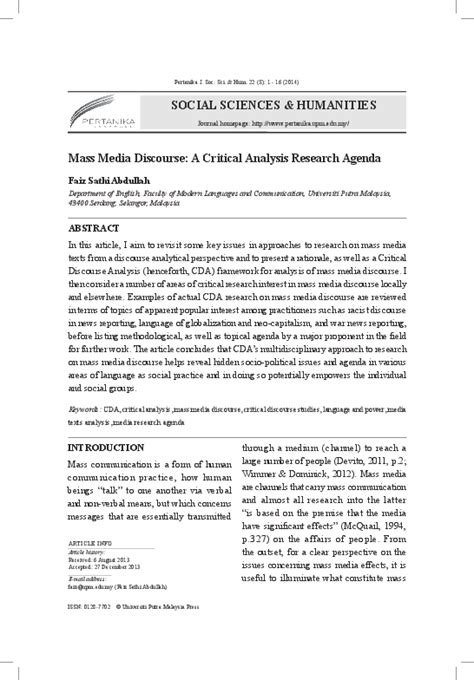 Pdf Mass Media Discourse A Critical Analysis Research Agenda
