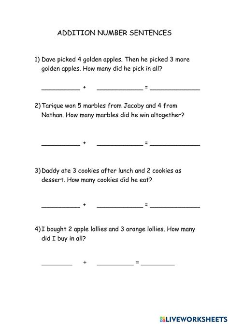 Addition Number Sentence Worksheet Live Worksheets