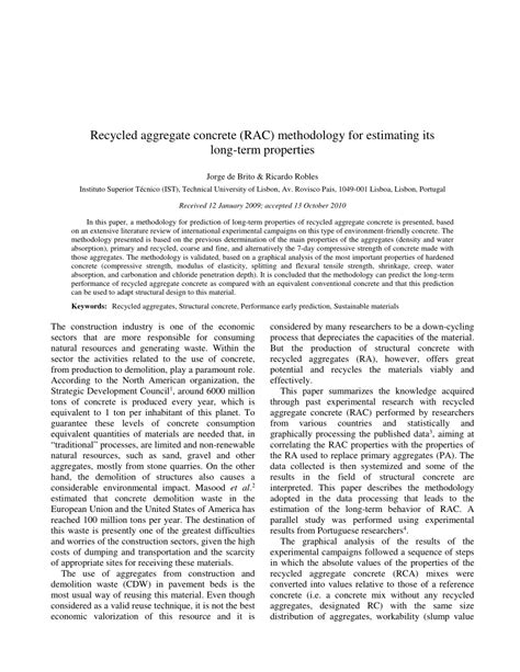 Pdf Recycled Aggregate Concrete Rac Methodology For Estimating Its Long Term Properties