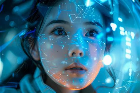 Young Asian Woman Gazing With Amazement At Holographic Projections And