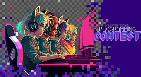 다양한 소녀 프로그래머 팀이 헤드셋을 쓰고 컴퓨터 앞에 앉아 있습니다 Hackathon에 대한 스톡 벡터 아트 및 기타 이미지