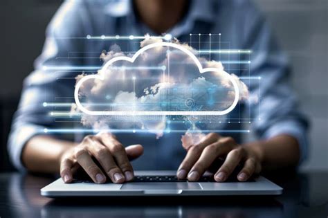 businessman using laptop uploading data to cloud computing system
