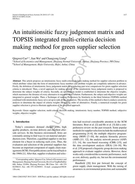 Pdf An Intuitionsitic Fuzzy Judgement Matrix And Topsis Integrated Multi Criteria Decision