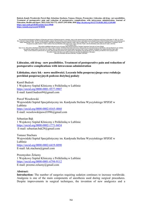 Pdf Lidocaine Old Drug New Possibilities Treatment Of
