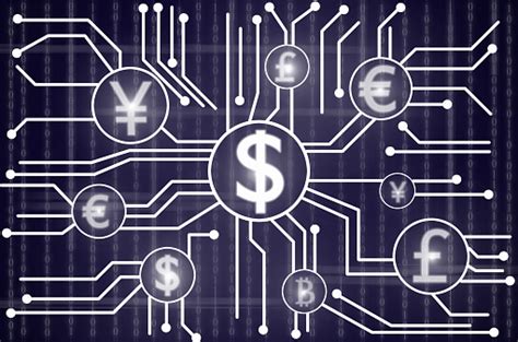 Cryptocurrency 또는 디지털 돈 Fintech 개념을 보여주는 어두운 흐림 배경에 디지털 수 Fintech 연결의 추상 사진 블록체인에 대한 스톡 사진 및 기타