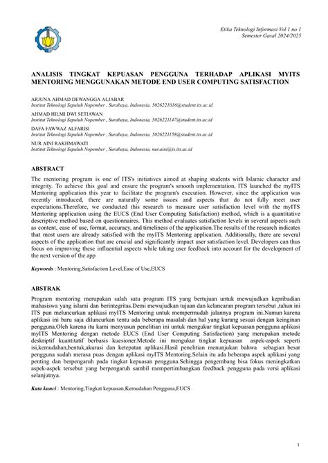 Pdf Analisis Tingkat Kepuasan Pengguna Terhadap Aplikasi Myits Mentoring Menggunakan Metode