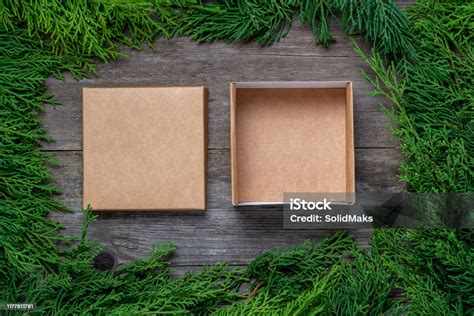 전나무 가지 의 프레임과 꼬기로 묶여 열린 선물 종이 상자 크리스마스 카드 공백 0명에 대한 스톡 사진 및 기타 이미지 0명 갈색 겨울 Istock