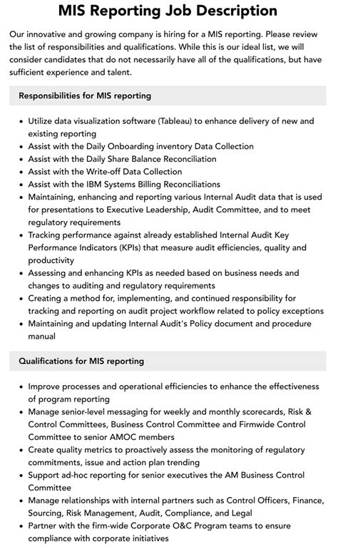 mis reporting job description velvet jobs