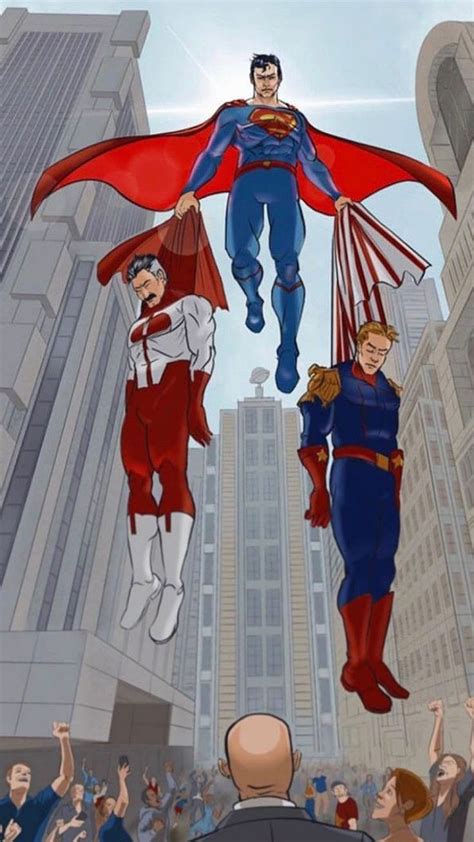 Two Supermans Are Flying Through The Air In Front Of Some Buildings