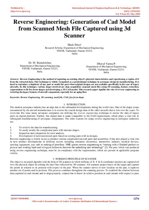 pdf ijert reverse engineering generation of cad model from scanned mesh file captured using