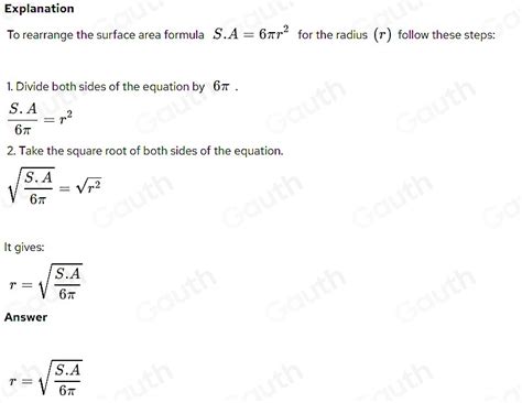 Solved 6 Rearrange the surface area formula S A 6π r 2 for radius K3 algebra