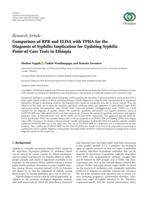 Pdf Comparison Of Rpr And Elisa With Tpha For The Diagnosis Of