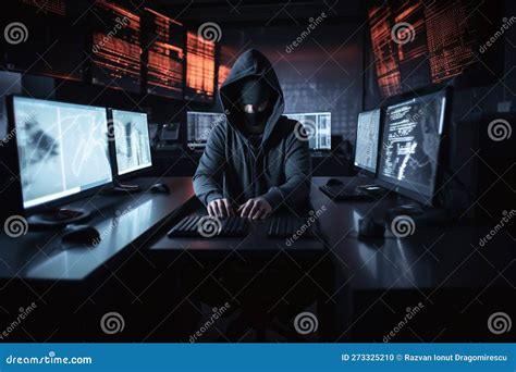 Hacker Dressed In A Hoodie Sitting In A Dark Room Surrounded By