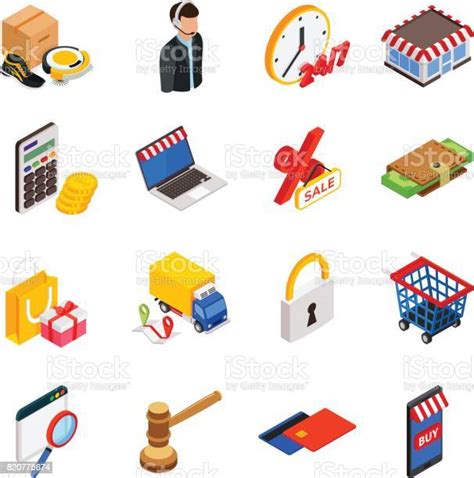 인터넷에서 구입 하 고 기호를 쇼핑에 대 한 가제트와 함께 설정 하는 전자 상거래 아이소메트릭 아이콘 3차원 형태에 대한 스톡 벡터 아트 및 기타 이미지 Istock