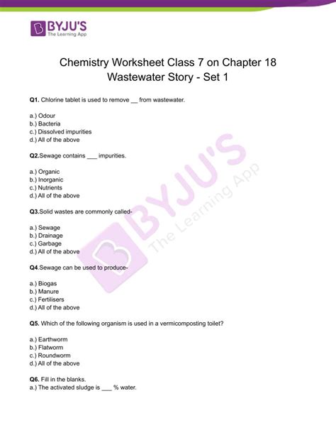 Class 7 Chemistry Worksheet On Chapter 18 Wastewater Story Set 1