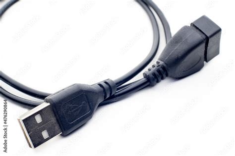 Black Usb Type A Male And Female Cable On A White Background With A Symbol In One Of The