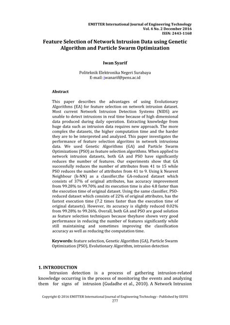Pdf Feature Selection Of Network Intrusion Data Using Genetic Algorithm And Particle Swarm