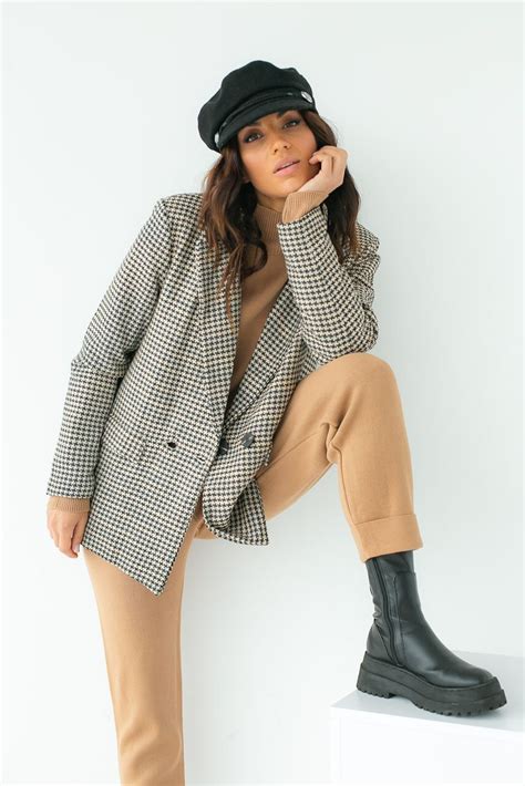 Женский блейзер на подкладке с принтом гусиная лапка 21302 купить в Украине Интернет