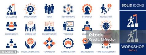 작업장 아이콘 세트 회의 팀워크 세미나 팀 빌딩 등을 수집합니다 벡터 일러스트 레이 션입니다 어떤 색상으로도 쉽게 변경할 수 있습니다 아이콘에 대한 스톡 벡터 아트 및 기타