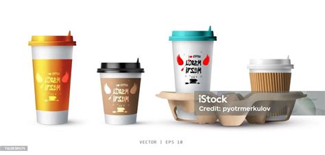 커피 또는 차에 대한 고립 된 현실적인 벡터 모형 컵 카푸치노 에스프레소 라떼 소다 용 종이 컵의 템플릿 디자인 벡터 일러스트레이션 상점에 대한 스톡 벡터 아트 및 기타