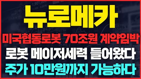 뉴로메카주가 미국협동로봇 70조원 계약임박 로봇테마 메이저세력 들어왔다 주가 10만원가지 가능합니다 레인보우로보틱스 로보티즈 휴림로봇 Youtube