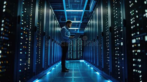 A Businessman In An Electric Blue Server Room Using A Laptop Aig41 Stock Image Image Of
