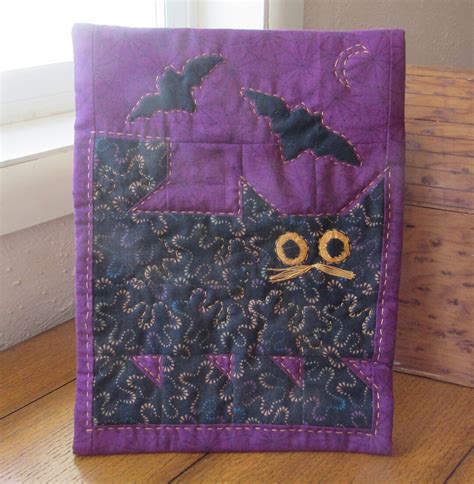 Scardy Cat And Night Bats Halloween Art Quilt On Acrylic Frame Stand Etsy