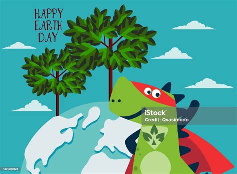 슈퍼 히어로 의상을 입고 재미있는 공룡 슈퍼 디노 바람에 흔들리는 망토와 함께 서 만화 슈퍼 히어로 해피 어스 데이 벡터 일러스트레이션 친환경 생태 개념 4월에 대한 스톡