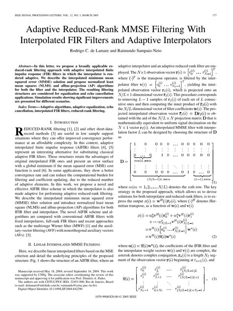 PDF Adaptive Reduced Rank MMSE Filtering With Interpolated FIR Filters And Adaptive Interpolators