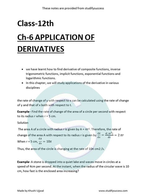 Class 12 Maths Ch 6 Notes Pdf Function Mathematics Differential Calculus
