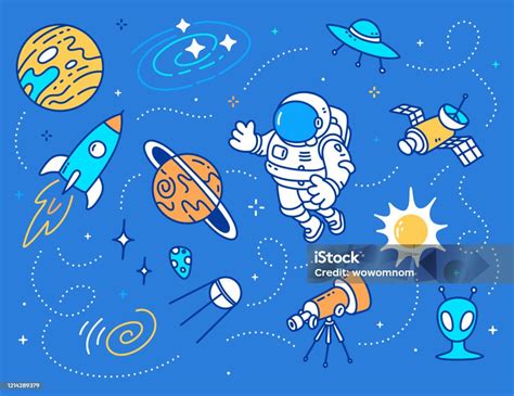 우주복에서 우주 비행사의 벡터 창조적 인 그림과 별과 파란색 배경에 색상 공간 개체의 집합입니다 우주선 행성 태양 망원경 과