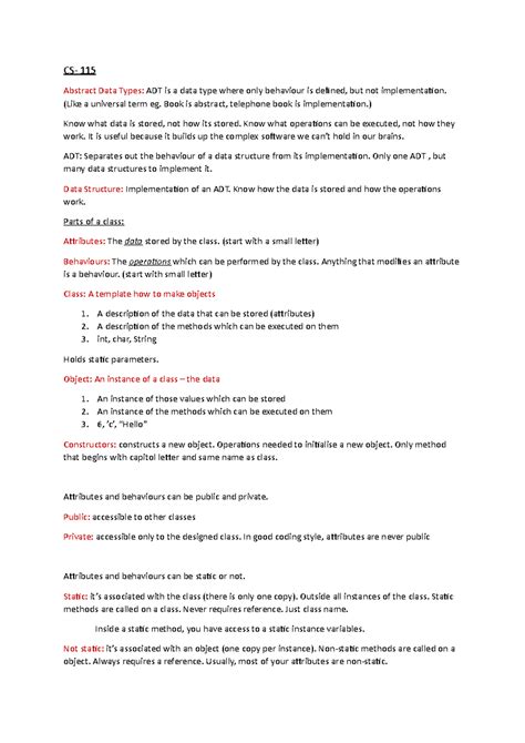 Cs 115 Notes Exam Programming 2 Cs 115 Abstract Data Types Adt Is