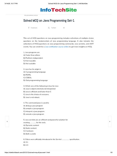 Solved Mcq On Java Programming Set 1 Infotechsite Pdf Java