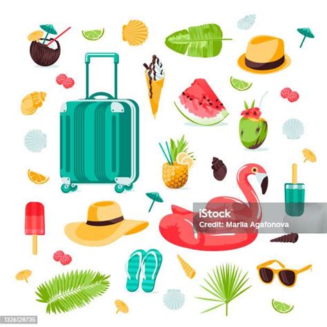 플라밍고 열대 잎 가방 껍질 해변 모자 플립 플롭 선글라스 열대 칵테일 딸기 흰색 배경에 설정 여름 매끄러운 귀여운 다채로운 개체 벡터 일러스트레이션 0명에 대한 스톡 벡터