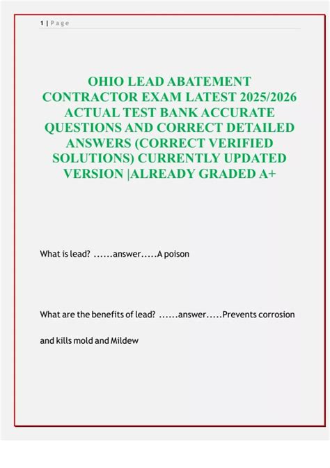 Ohio Lead Abatement Contractor Exam Latest 20252026 Actual Test Bank
