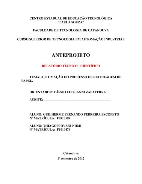 Fatec Tcc Anteprojeto R0 Pdf Reciclagem Papel