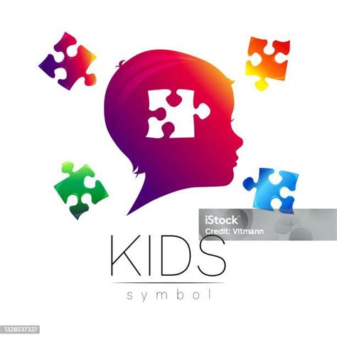 벡터에 몇 퍼즐아이 바이올렛 로고 타입 실루엣 프로필 인간의 머리 사람 어린이 자폐증 어린이 치료 클리닉 교육을위한 개념 로고
