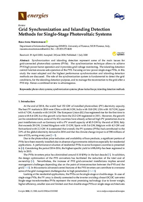 Pdf Grid Synchronization And Islanding Detection Methods For Single