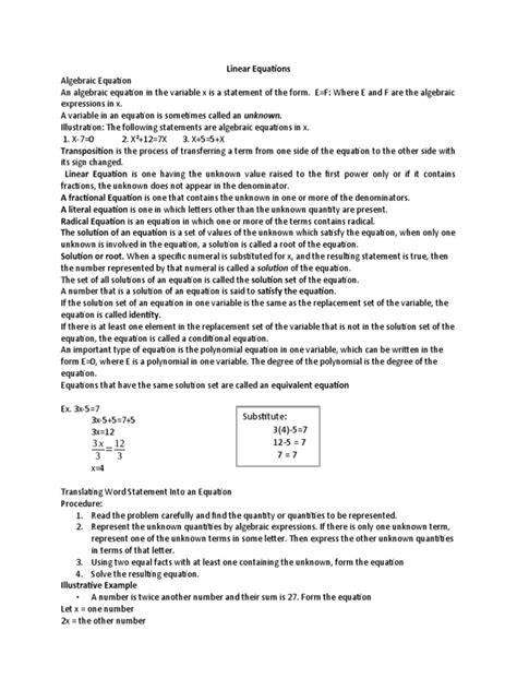 Linear Equation Pdf Equations Variable Mathematics