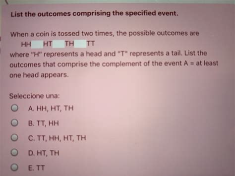 solved list the outcomes comprising the specified event