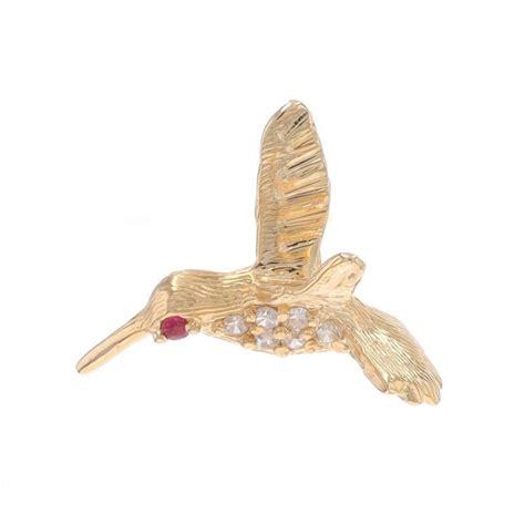 Yellow Gold Diamond And Ruby Flying Hummingbird Lapel Pin 14k Bird In