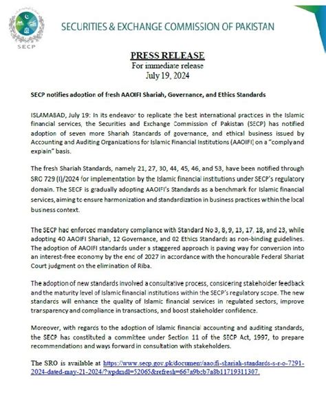 Secp On Linkedin The Secp Has Notified The Adoption Of Seven More Shariah Standards Of…