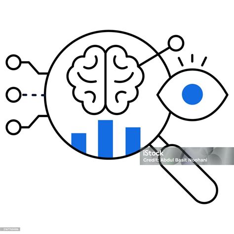 두뇌 돋보기 데이터 차트가 있는 Ai 기반 인지 분석을 나타내는 아이콘으로 기계 학습 인지 컴퓨팅 데이터 분석 및 Ai 기반 연구를 강조합니다 뇌에 대한 스톡 벡터 아트 및
