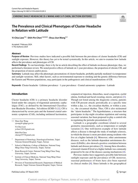 Pdf The Prevalence And Clinical Phenotypes Of Cluster Headache In Relation With Latitude