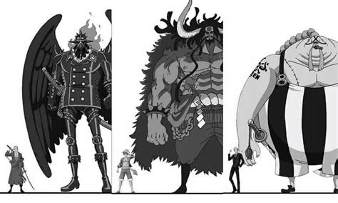 สารานุกรมวันพีซ ส่วนสูงของท็อปทรีกลุ่มร้อยอสูร เมื่อเปรียบเทียบกับส่วนสูงของท็อปทรีกลุ่มหมวก