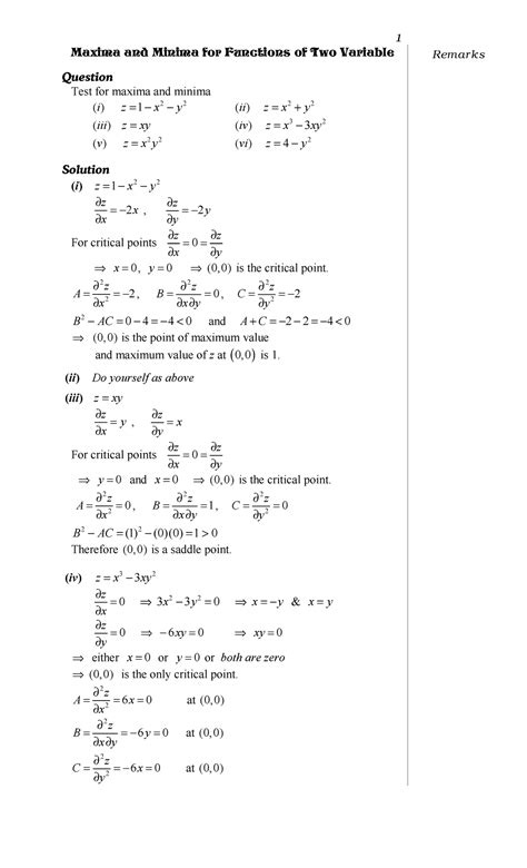 maxima minima function maxima and minima for functions of two variable question test for